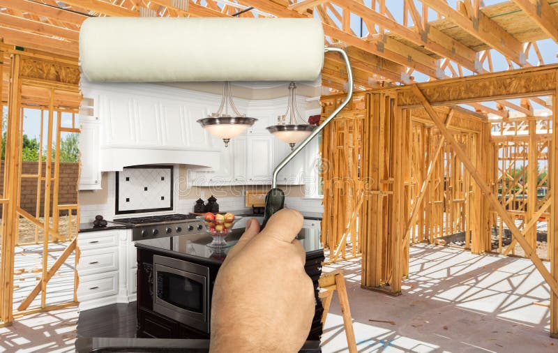 Before and after of Man Painting Roller Over Construction Framing To ...