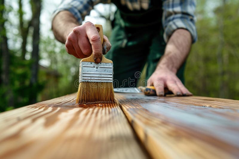 Man Painting Timber Plank in Garden.Man Painting Timber Plank in Garden ...