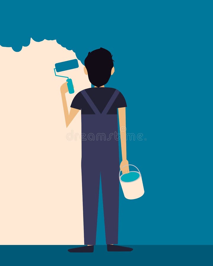 Man painting the wall stock vector. Illustration of blue - 52663077