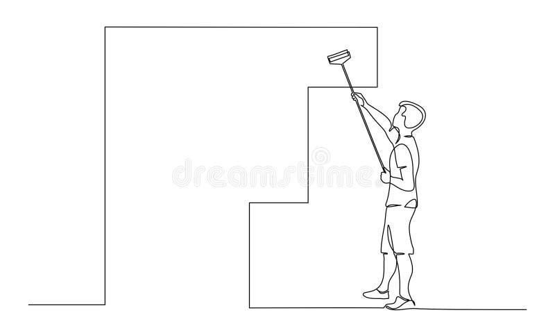 Man Painting Wall Using Roller Stick. Continuous One Line Drawing Stock ...
