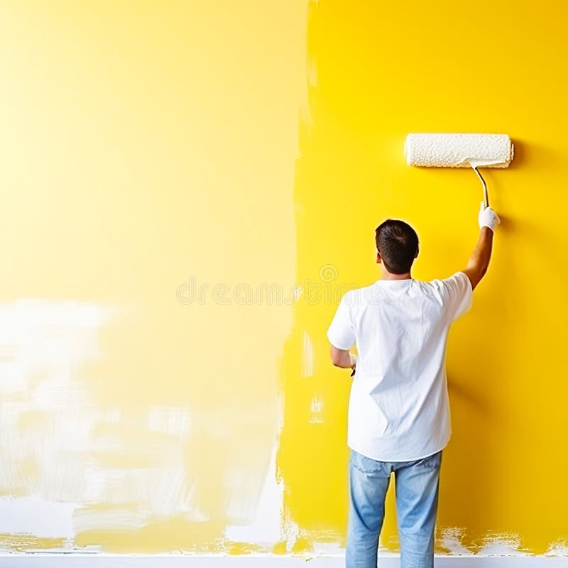 Man Painting Yellow Wall with Paint Roller Stock Photo - Image of ...
