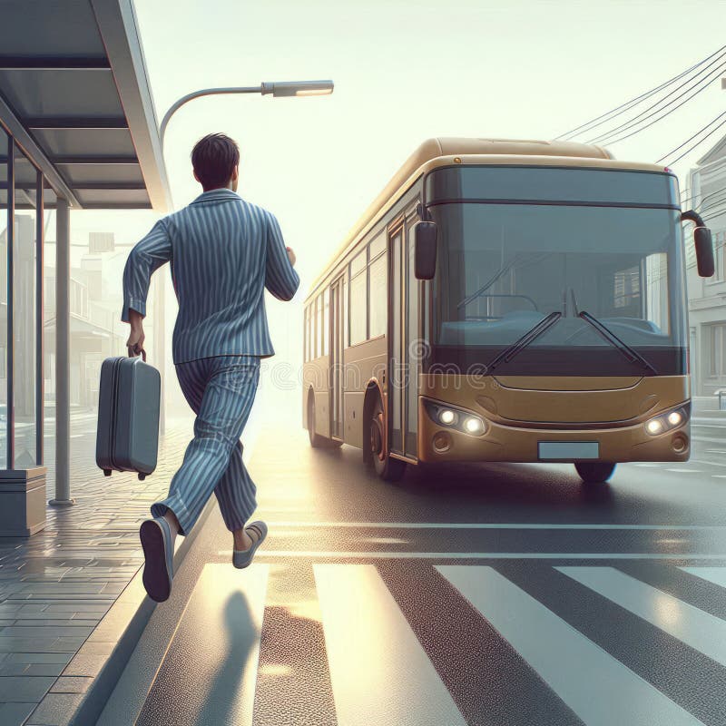 A Man in Pajamas Runs after a Bus. Stock Image - Image of travel ...