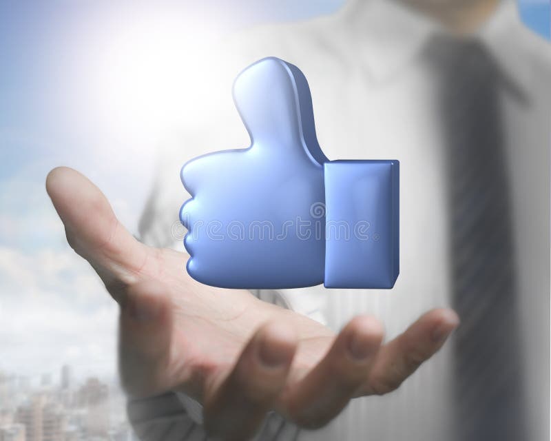 Man Palm Opening with 3D Blue Thumb Up Stock Photo - Image of mark ...