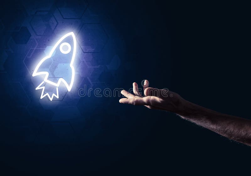 Man Palm Presenting Rocket Web Icon As Technology Concept Stock Image ...