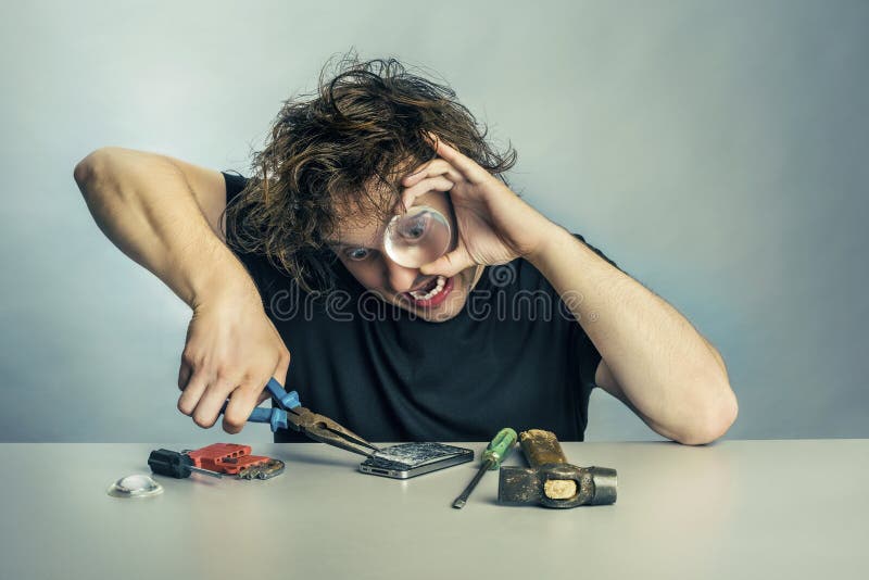 Man in Panic with His Phone Repairs Stock Photo - Image of call, plug ...