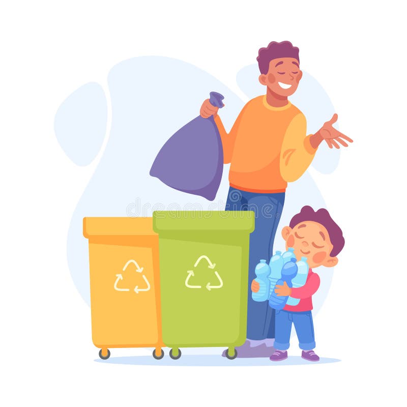 Man Parent with Son Throw Garbage in Dustbin As Home Activity Vector ...