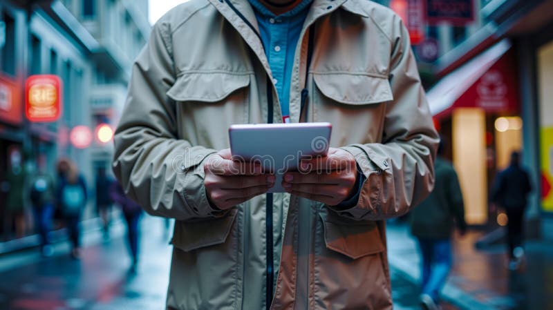 A Man in a Parka Holding a Tablet Computer in a City Street Stock Photo ...
