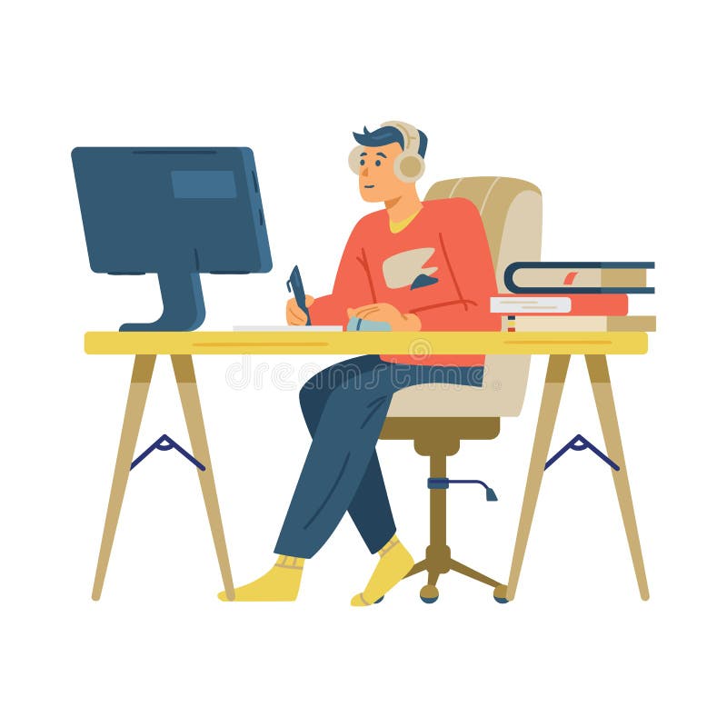 Man Participating in Online Training or Courses, Vector Illustration ...