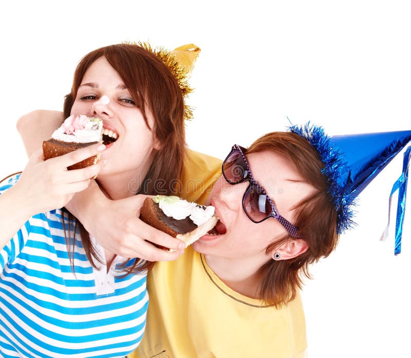 Man in Party Hat and Girl Eating Cake. Stock Image - Image of delight ...