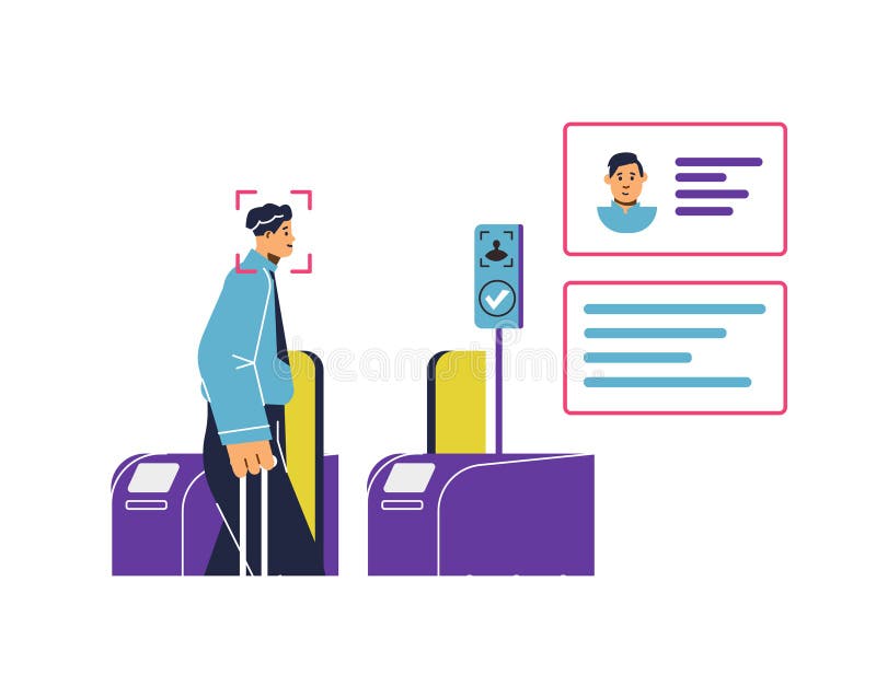 Man Passes through Turnstile with Face Recognition Flat Style Stock ...
