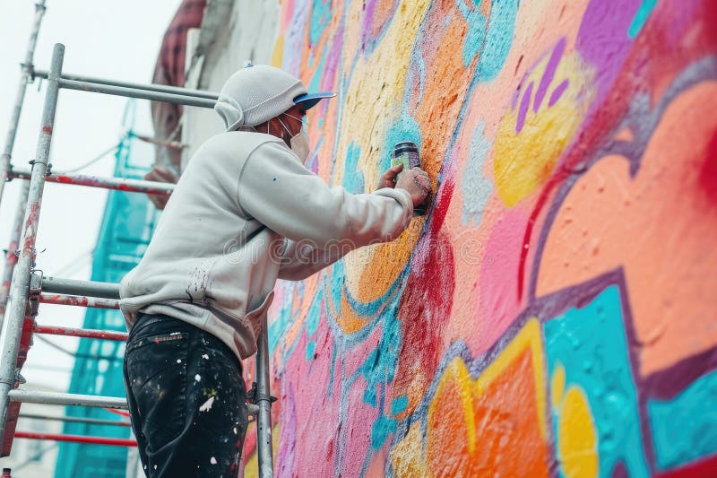 A Man Passionately Creates Vibrant Graffiti Art on a Wall Using Spray ... A Man Passionately Creates Vibrant Graffiti Art on a Wall Using Spray ...