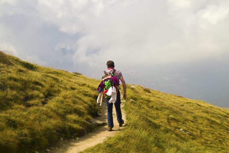 Lonely Man Running Toward the Sun on Misty Morning Stock Image - Image ...