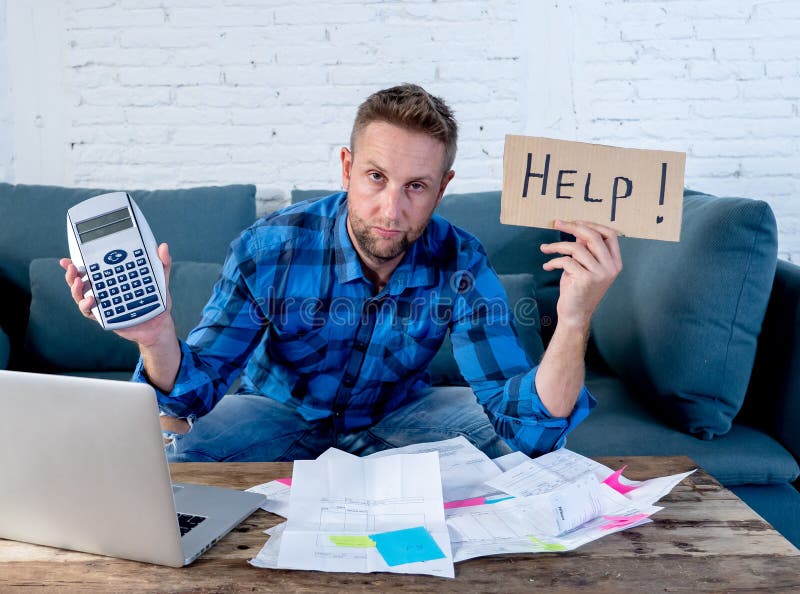 Man Paying Bills Managing Finances Frustrated And Stressed Asking For