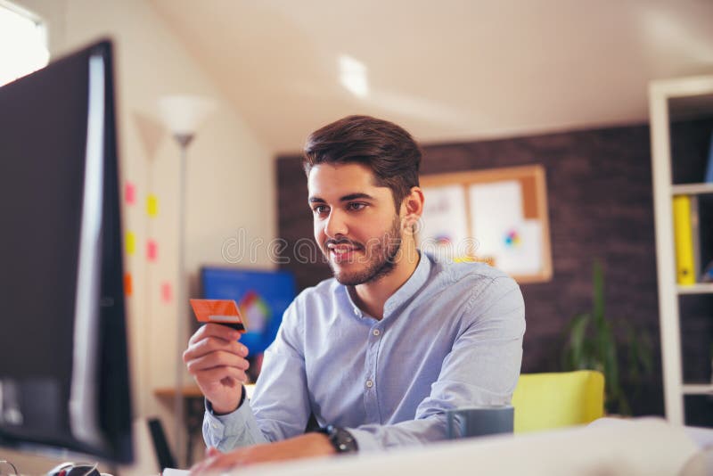 Man Paying with Credit Card on Computer Stock Photo - Image of customer ...