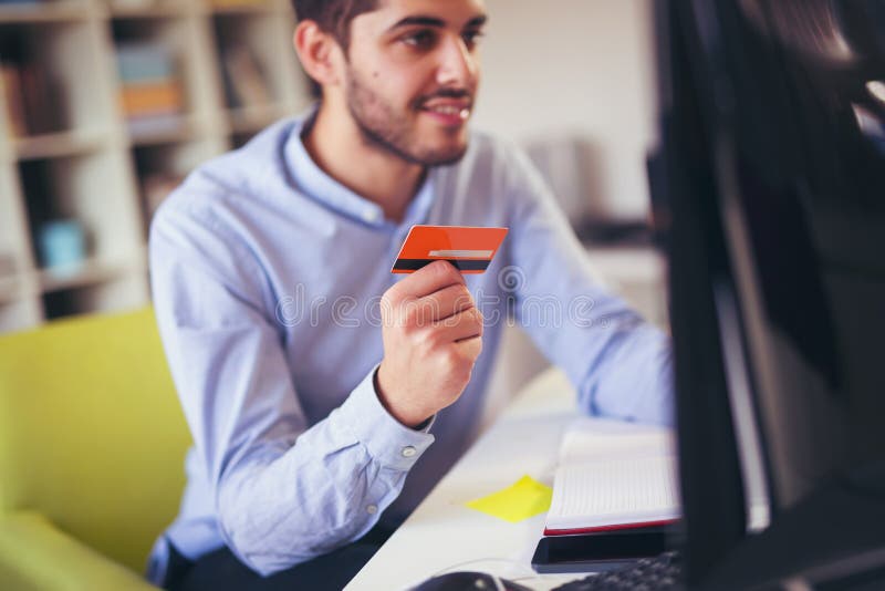 Man Paying with Credit Card on Computer Stock Image - Image of computer ...