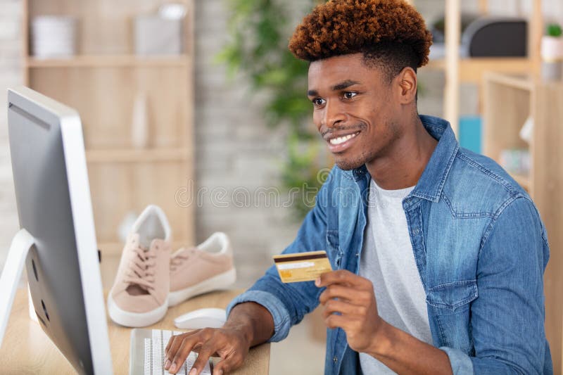 Man Paying with Credit Card on Computer Stock Photo - Image of banking ...
