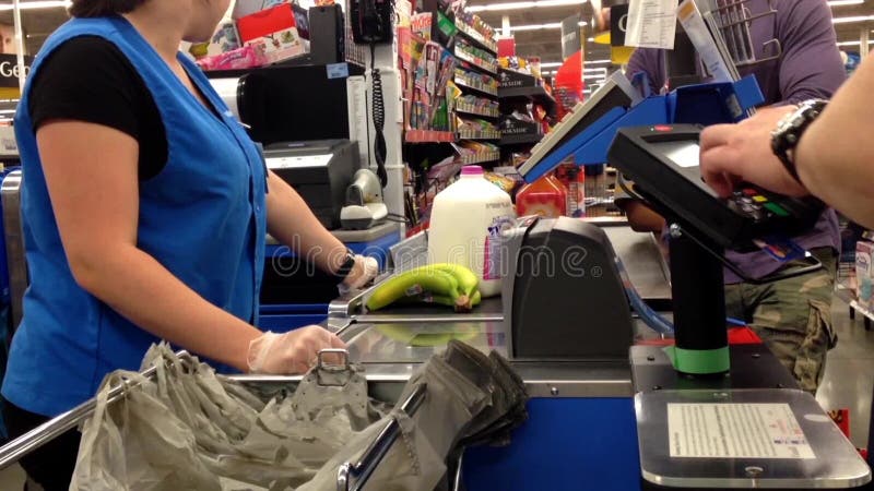 Man Paying Foods by Credit Card at Checkout Counter Stock Footage ...