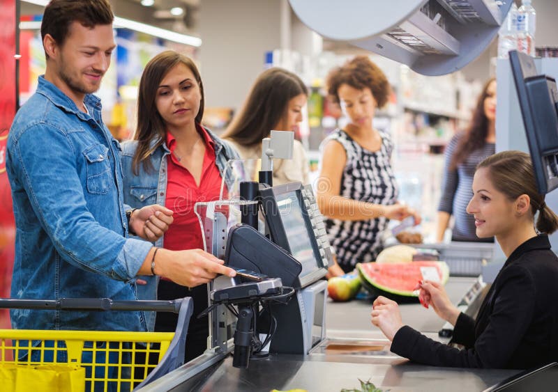 Man Paying with NFC in a Grocery Store Stock Image - Image of ...