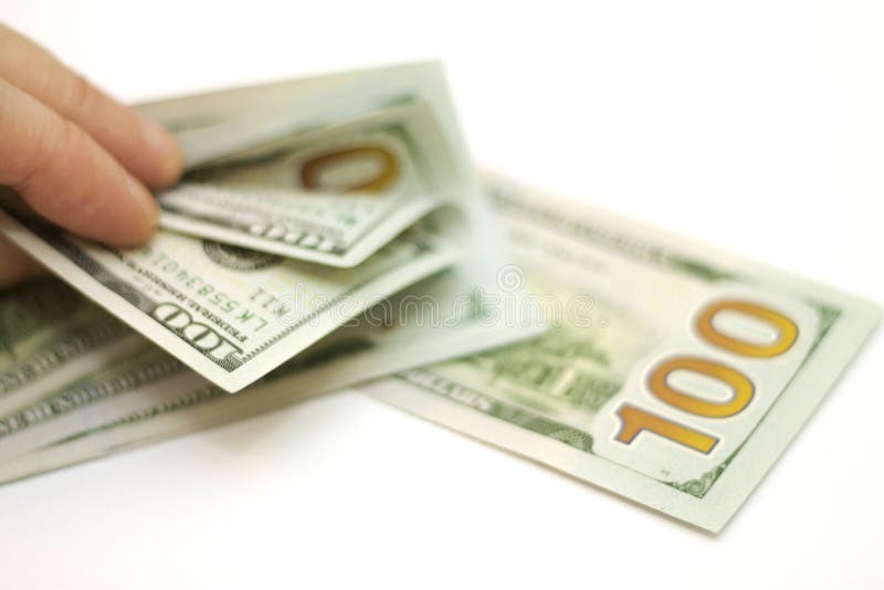 Man Paying by Stack of Paper Dollars Usa on the White Background Stock ...