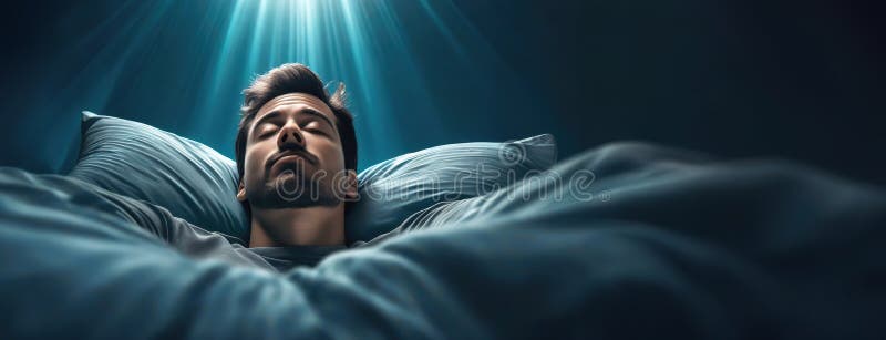 A Man Peacefully Sleeping in Bed Under Soft Light Beams, Representing ...