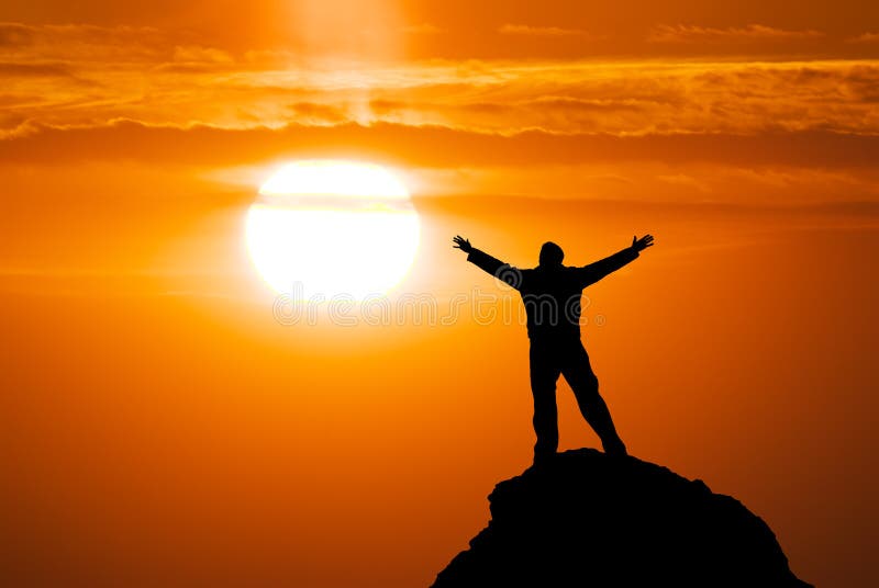 Happy Man Jumping for Joy on the Peak of the Mountain, Cliff at Sunset ...