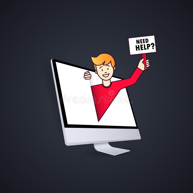 Man Peeks Out Computer and Holds the Sign that Asks Need Help. Support ...