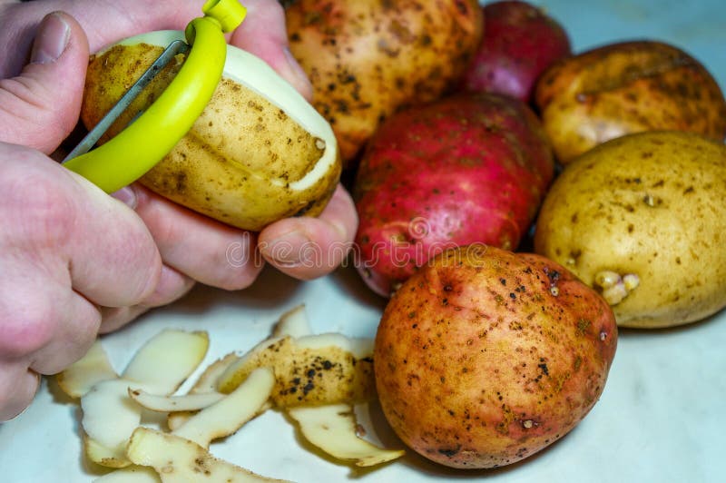 Peeling Potatoes In The Home Kitchen - A Boy Peeling The Potatoes With ...
