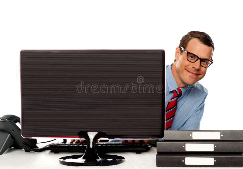 Man Peeping from Behind Computer Screen Stock Photo - Image of ...