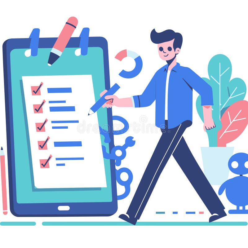 Man with Pencil Marking Completed Tasks on To-do List. Stock Vector ...