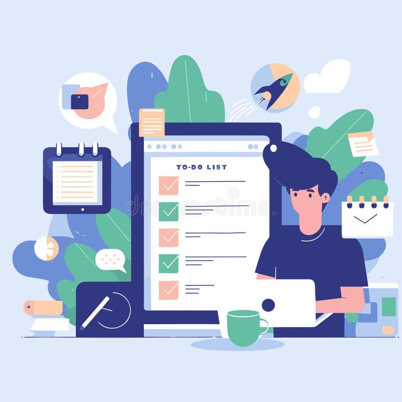 Man with Pencil Marking Completed Tasks on To-do List. Stock Vector ...