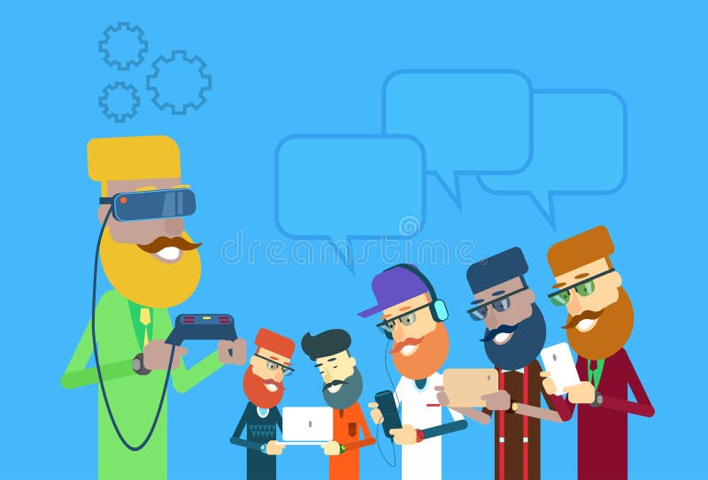 Casual Man Group Hold Laptop, Tablet, Smart Phone, Remote Console Wear ...