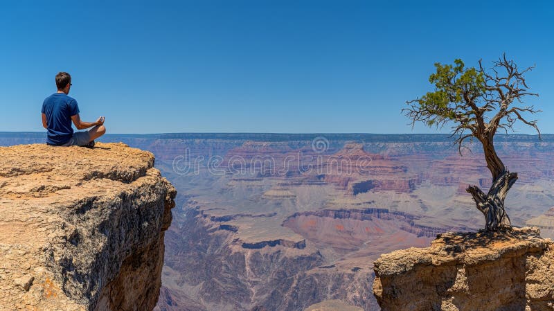 A Man Perched on a Cliff, Gazing Out at an Expansive Landscape Stock ...