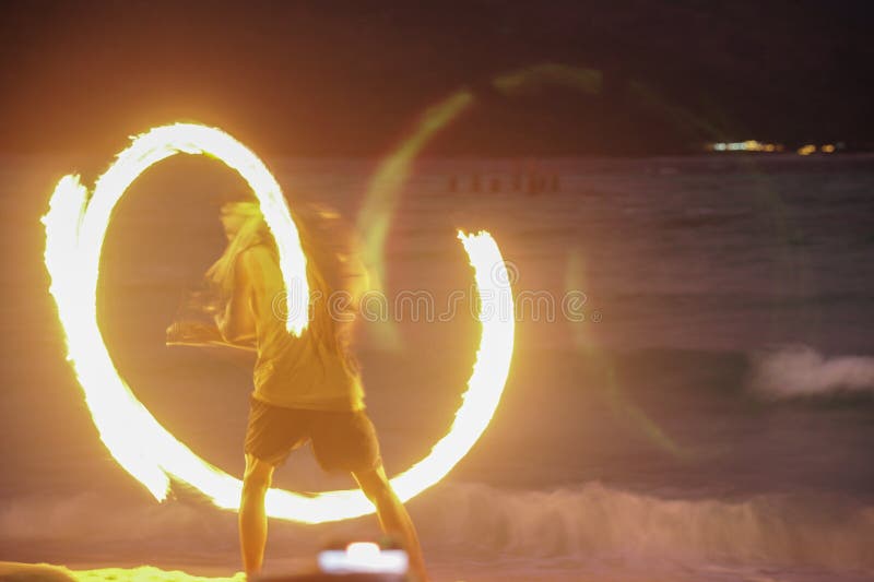 Man Performing Fire Show Dancing with Flame at Night Stock Photo ...