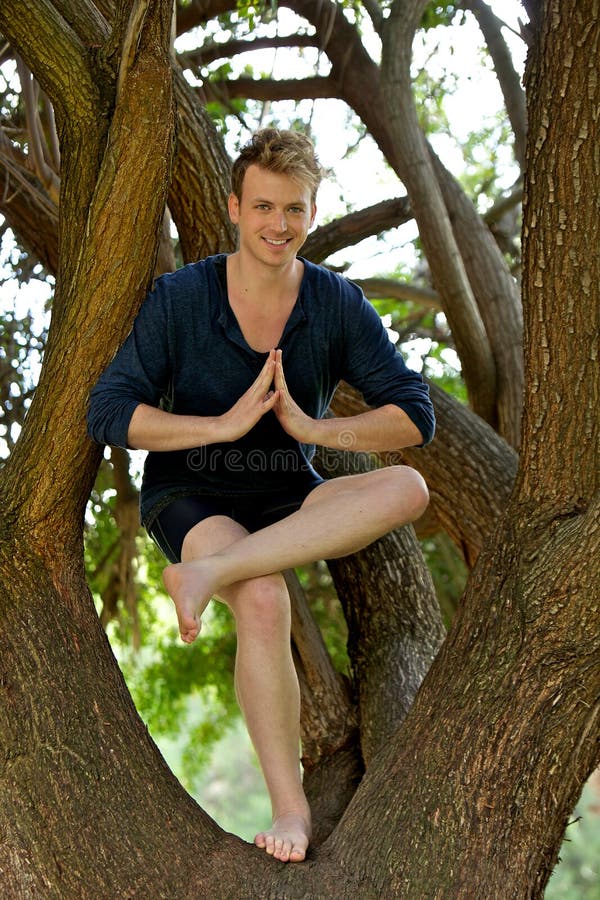Man in Park Stands in Yoga Tree Pose Stock Image - Image of health ...