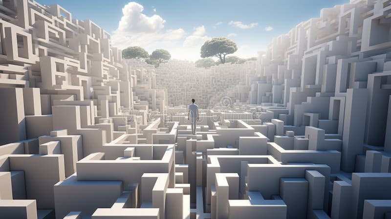 Man Perplexed by Intricate Maze Under Clear Blue Sky with Lush Trees ...