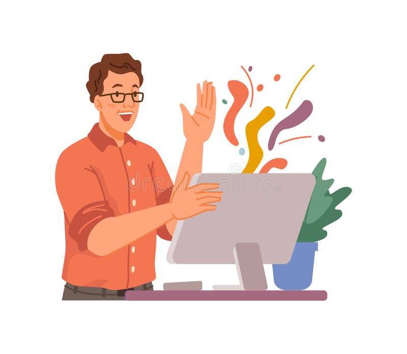 Man by Personal Computer Celebrate Victory Triumph Stock Vector ...