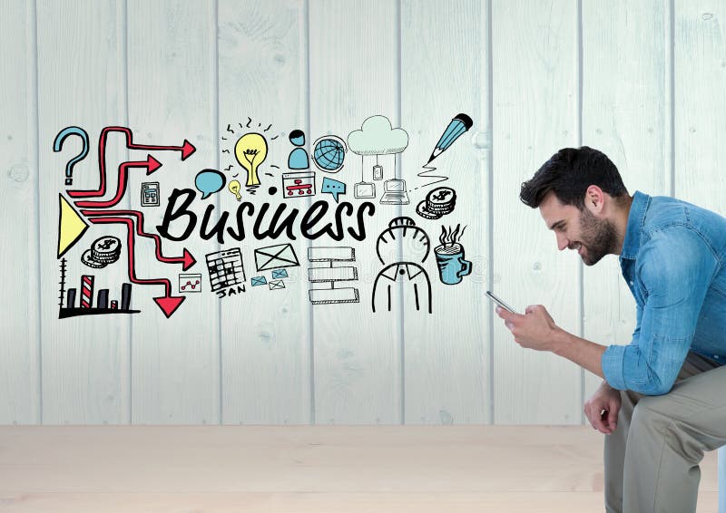 Man on Phone with Business Text with Drawings Graphics Stock ...