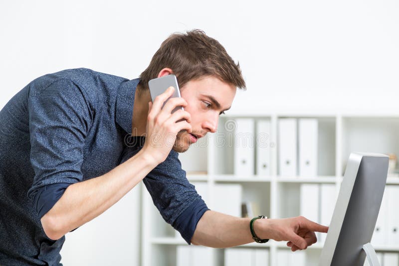 Man with Phone and Computer Display Stock Photo - Image of lawyer ...