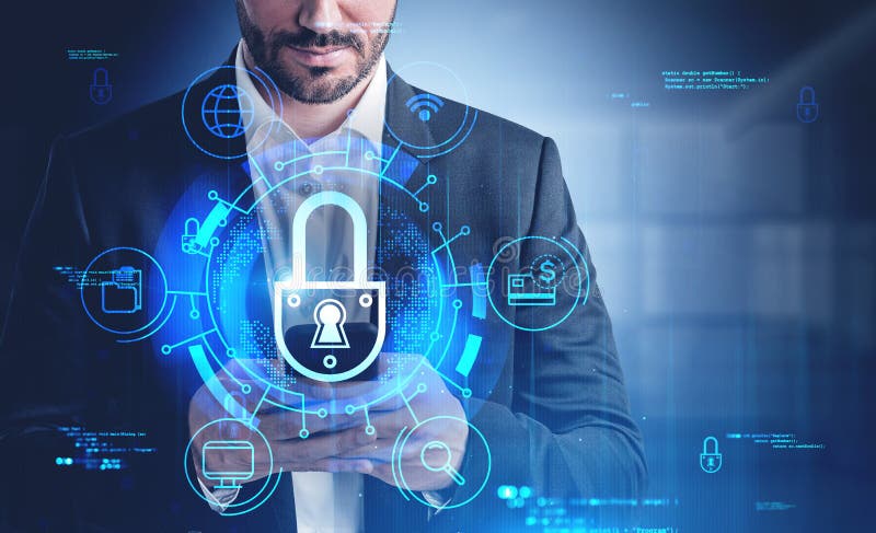 Man with Phone in Office, Cyber Security Stock Photo - Image of display ...
