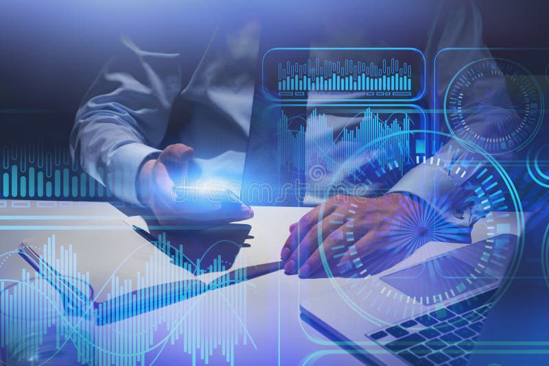Man with Phone in Office, HUD Interface Stock Image - Image of chart ...