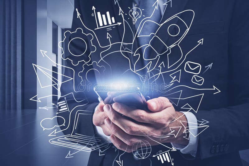 Man with Phone in Office, Startup Sketch Stock Photo - Image of ...