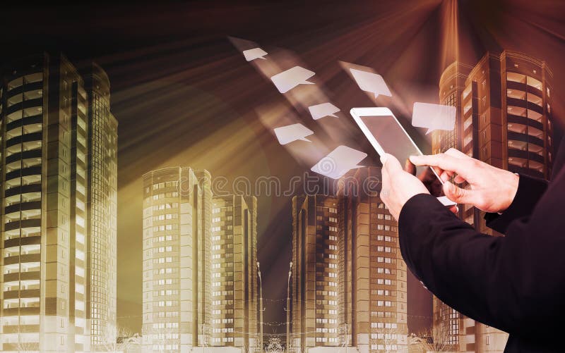 Man with Phone Screen on Chat Icons Flying and Cityscape Background ...