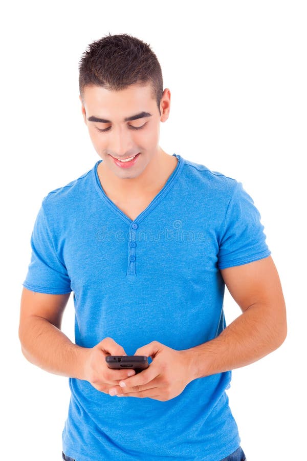Happy Young Man Using Cell Phone Stock Photo - Image of looking ...