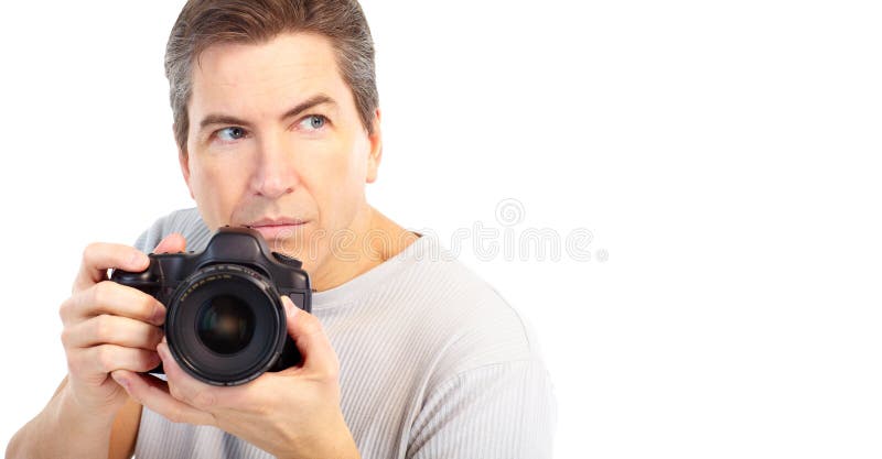 Man with photo camera stock image. Image of face, isolate - 12703041