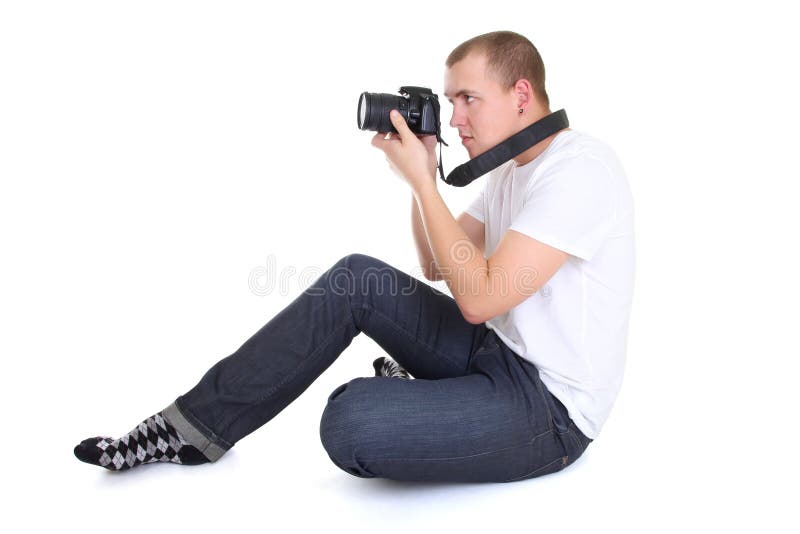 Man with Photo Camera Sitting Stock Image - Image of jeans, dslr: 22722237