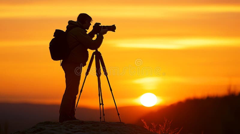 Man Photographing Sunset with Camera on Tripod. Professional and Hobby ...