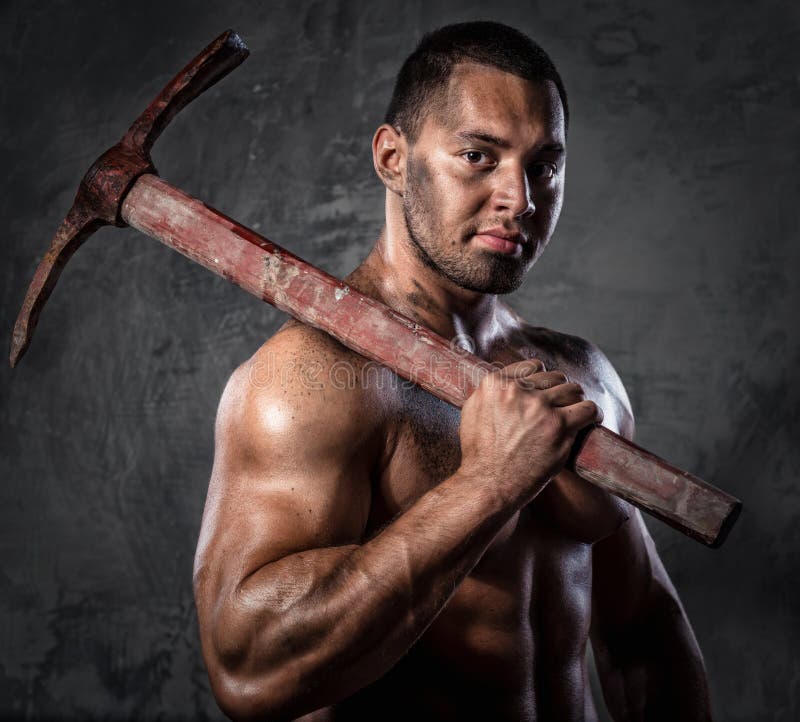Man with pickaxe stock photo. Image of chest, miner, holding - 32236728