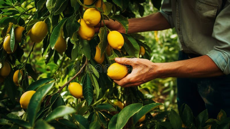A Man Picking a Lemon from a Tree. Generative Ai Stock Image - Image of ...