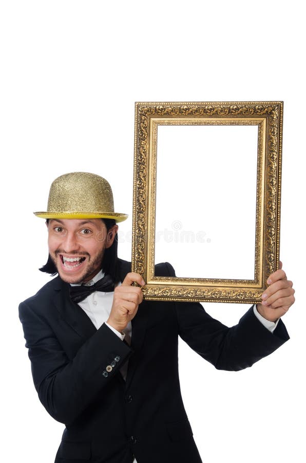 The Man with Picture Frame Isolated on White Stock Photo - Image of ...