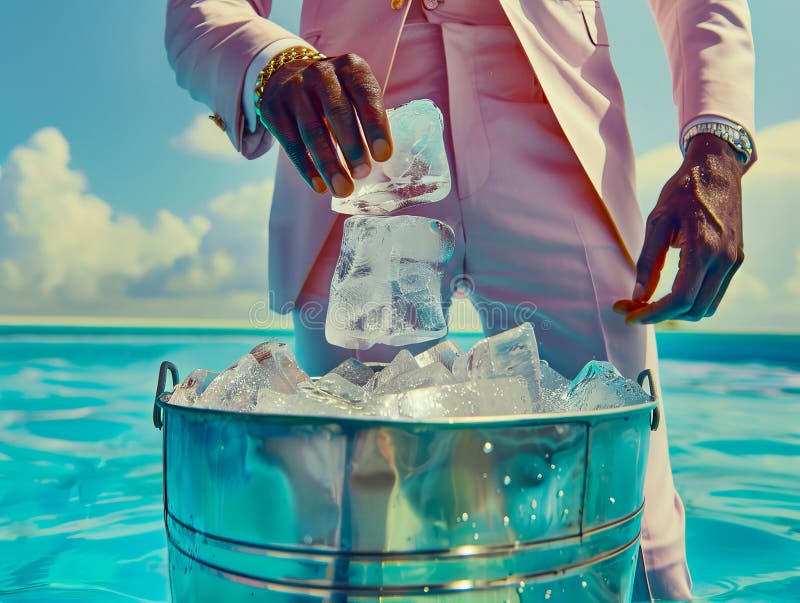 A Man in a Pink Suit Holding Ice in Ice Bucket Stock Photo - Image of ...
